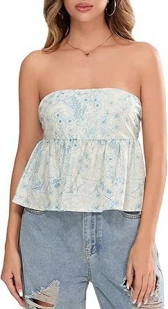 Cute Tube Tops for Women Teens Summer Y2k Lace Trim Floral Ruffle Flowy ...