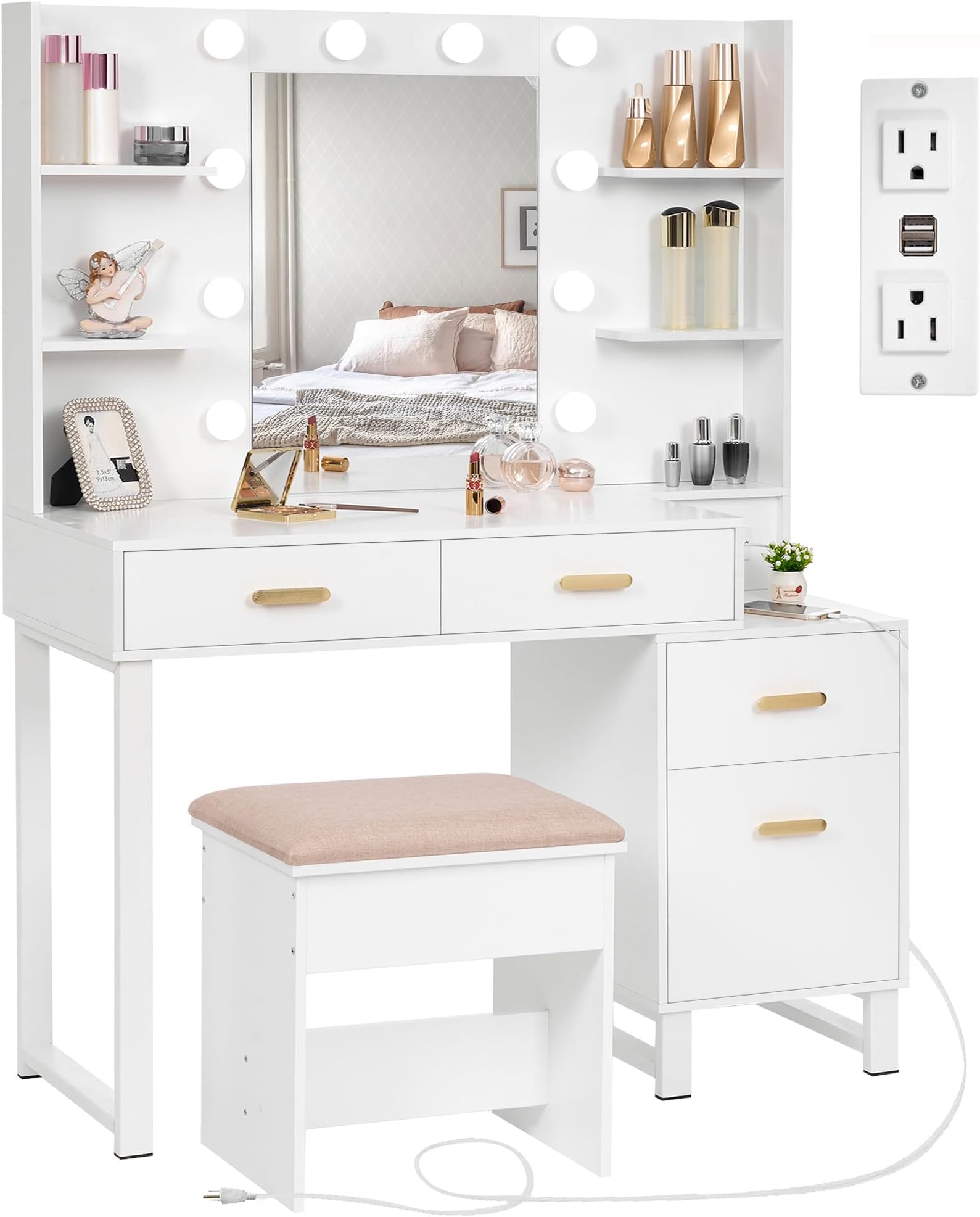 Amazon.com: ANWBROAD Makeup Vanity Desk with Mirror and 10 LED Lights ...