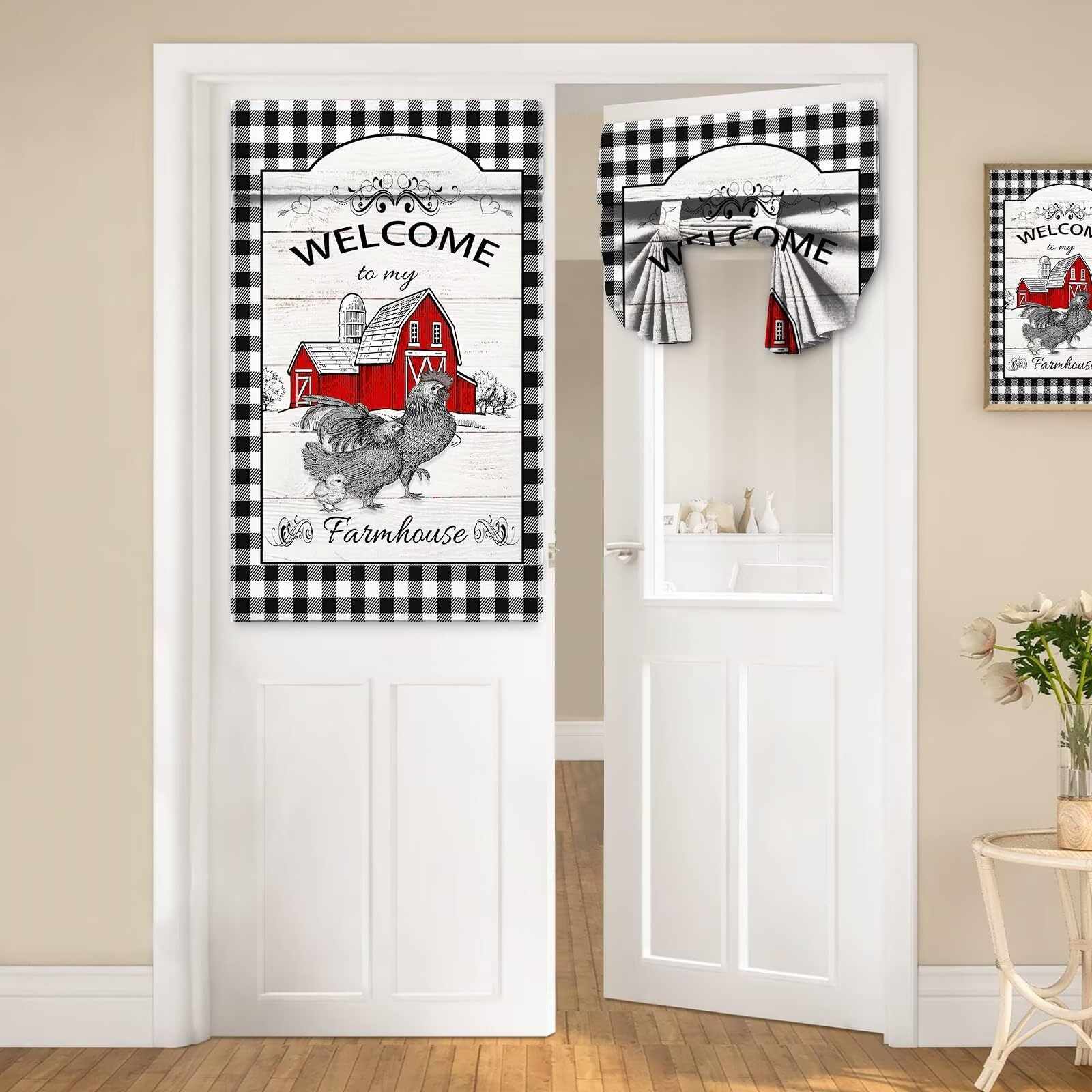 Amazon.com: Door Curtains for Door Windows,Farm Plaid Rooster Vintage ...