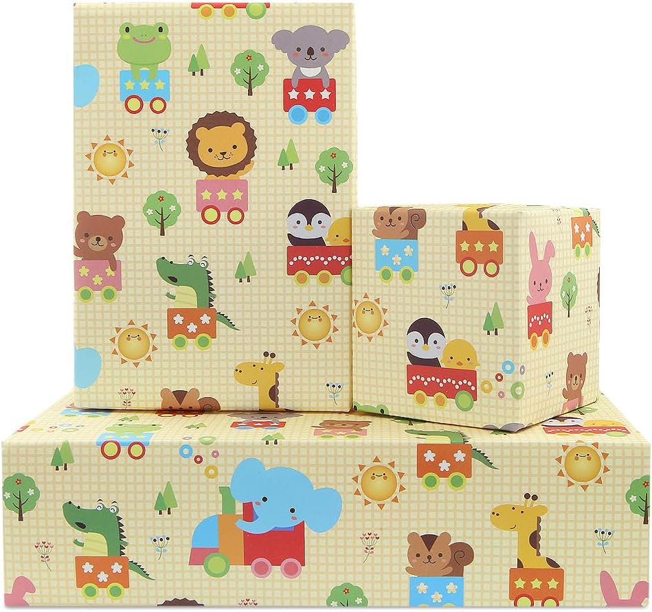 Amazon.com: Zoo Wrapping Paper for Kids Boys Girls,Yellow Grid Animal ...