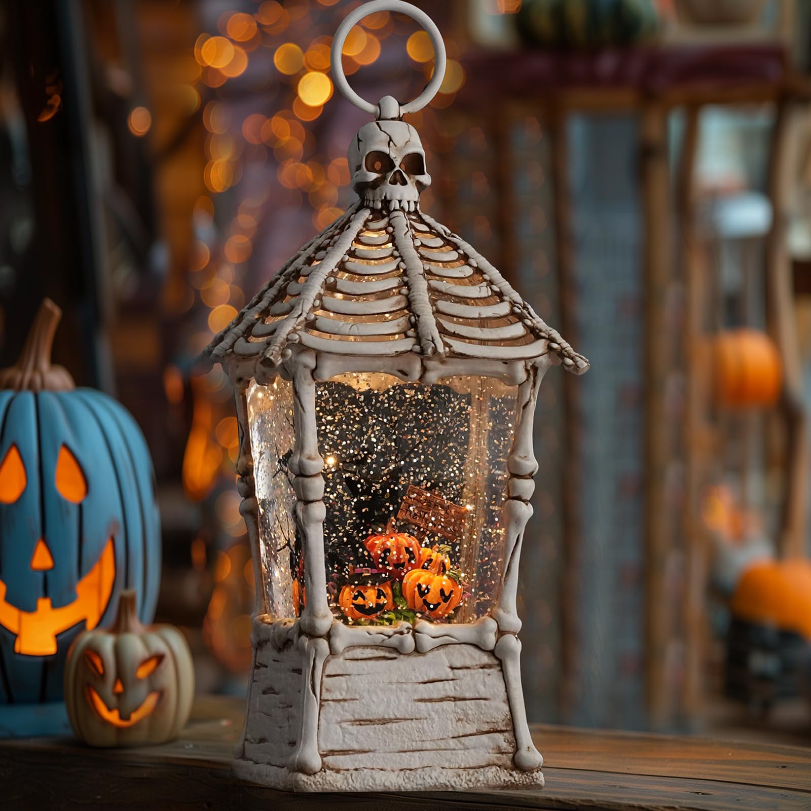 Amazon.com: Halloween Snow Globe Lantern, Black Cat Pumpkin Skull ...