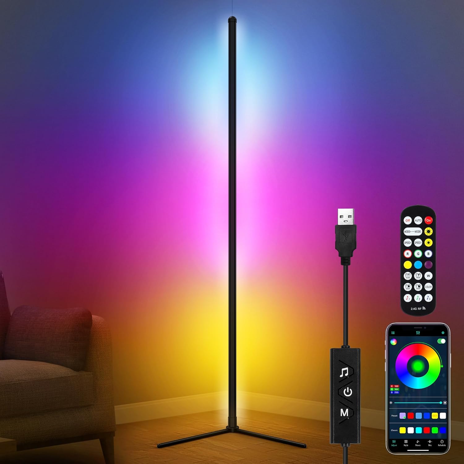 RAMSWIN LED Corner Floor Lamp RGB Corner Light Modern Standing Lamp 61. ...