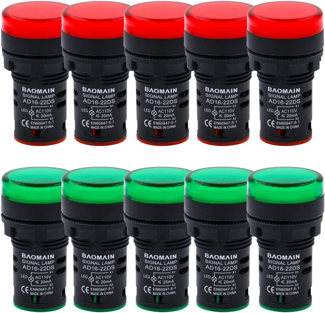 Baomain 10-Pack AC 110V LED Indicator Light, AD16-22DS 20mA, Pilot ...