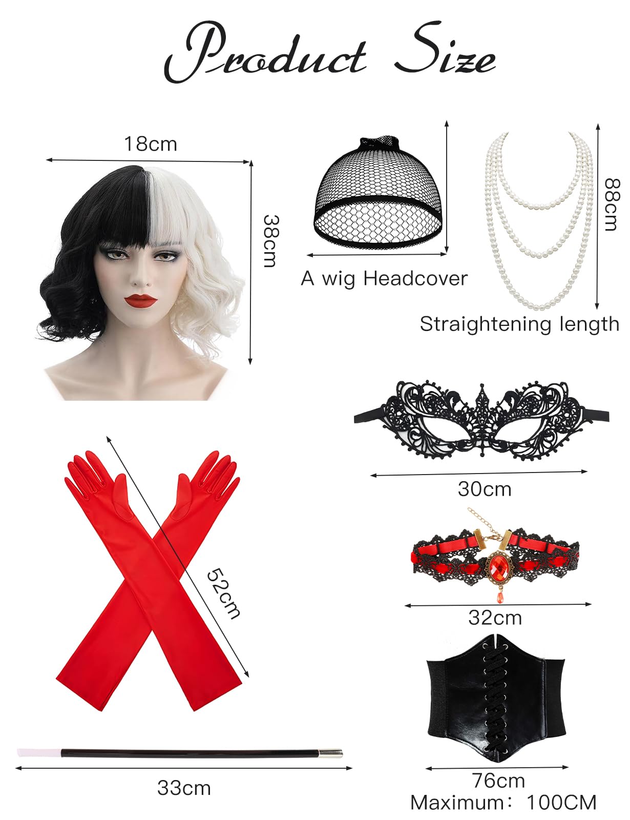 Wirhaut Cruella Deville Costume Adult, 7 Pieces Cruella Wigs Costume ...