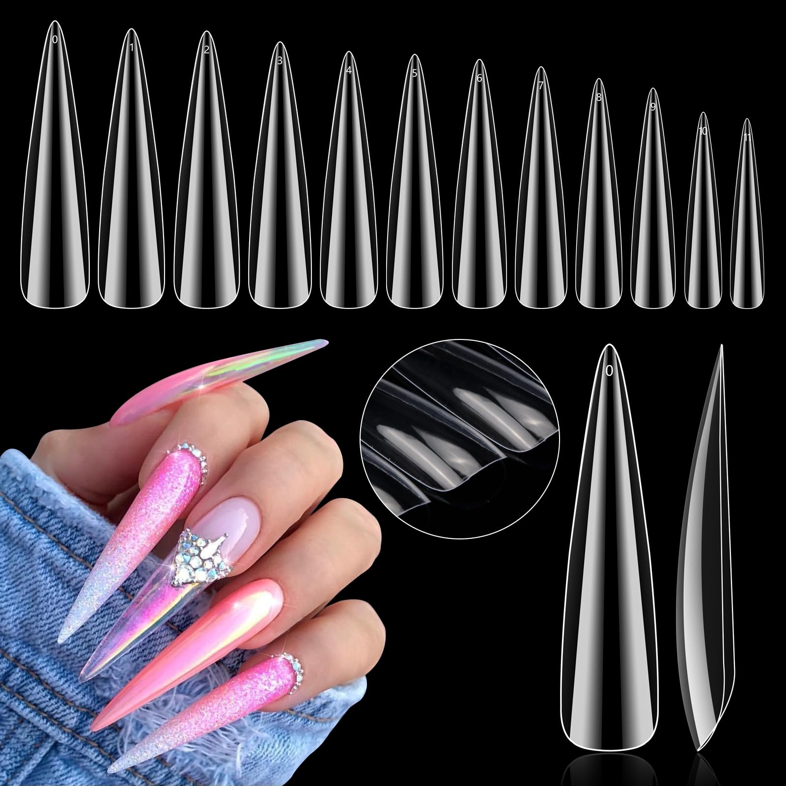 Amazon.com: 504PCS 3XL Stiletto Nail Tips, Full Cover Clear Nail Tips ...