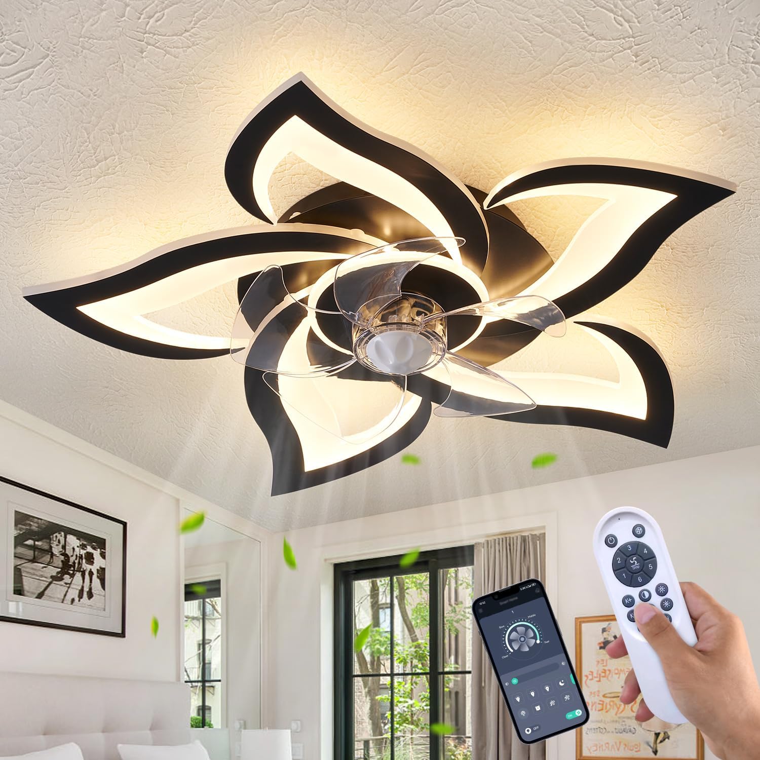 HuixuTe 24" Geometric Ceiling Fan with Lights Remote Control, 6 Speeds ...