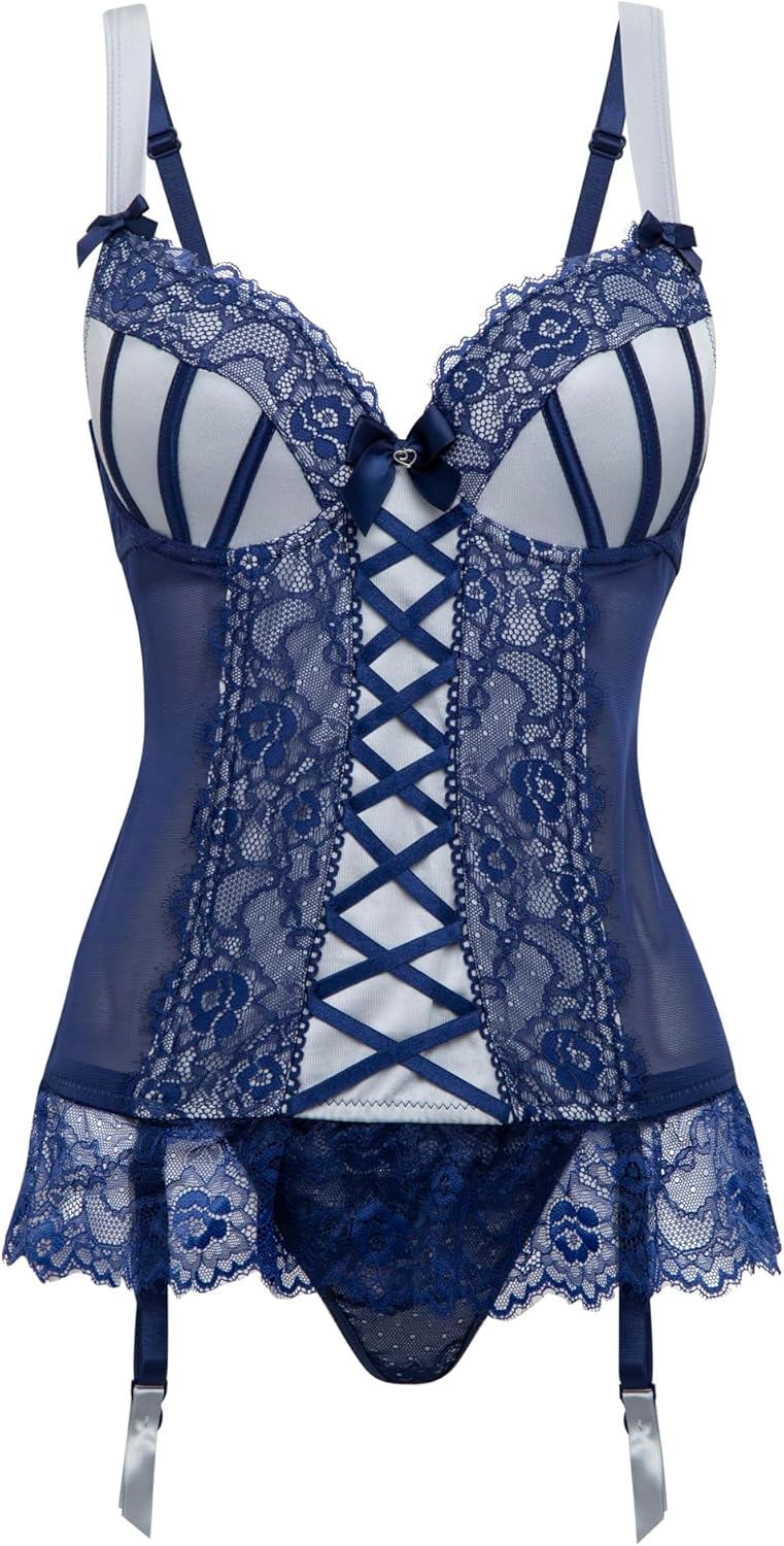 Lovehoney Women's Boudoir Belle Navy Blue Satin and Lace Push Up Basque ...