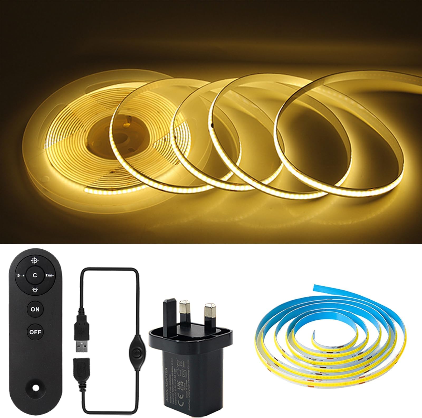 RYE USB Powered DC5V 2.5m COB LED Strip Light Kit,with Power Supply ...