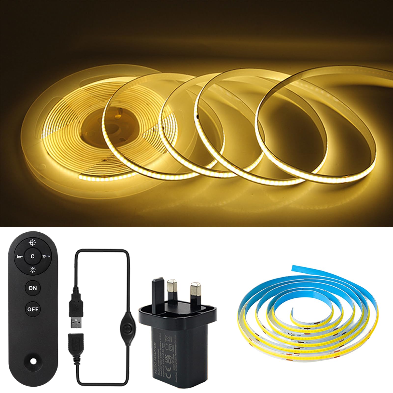 RYE USB Powered DC5V 2.5m COB LED Strip Light Kit,with Power Supply ...