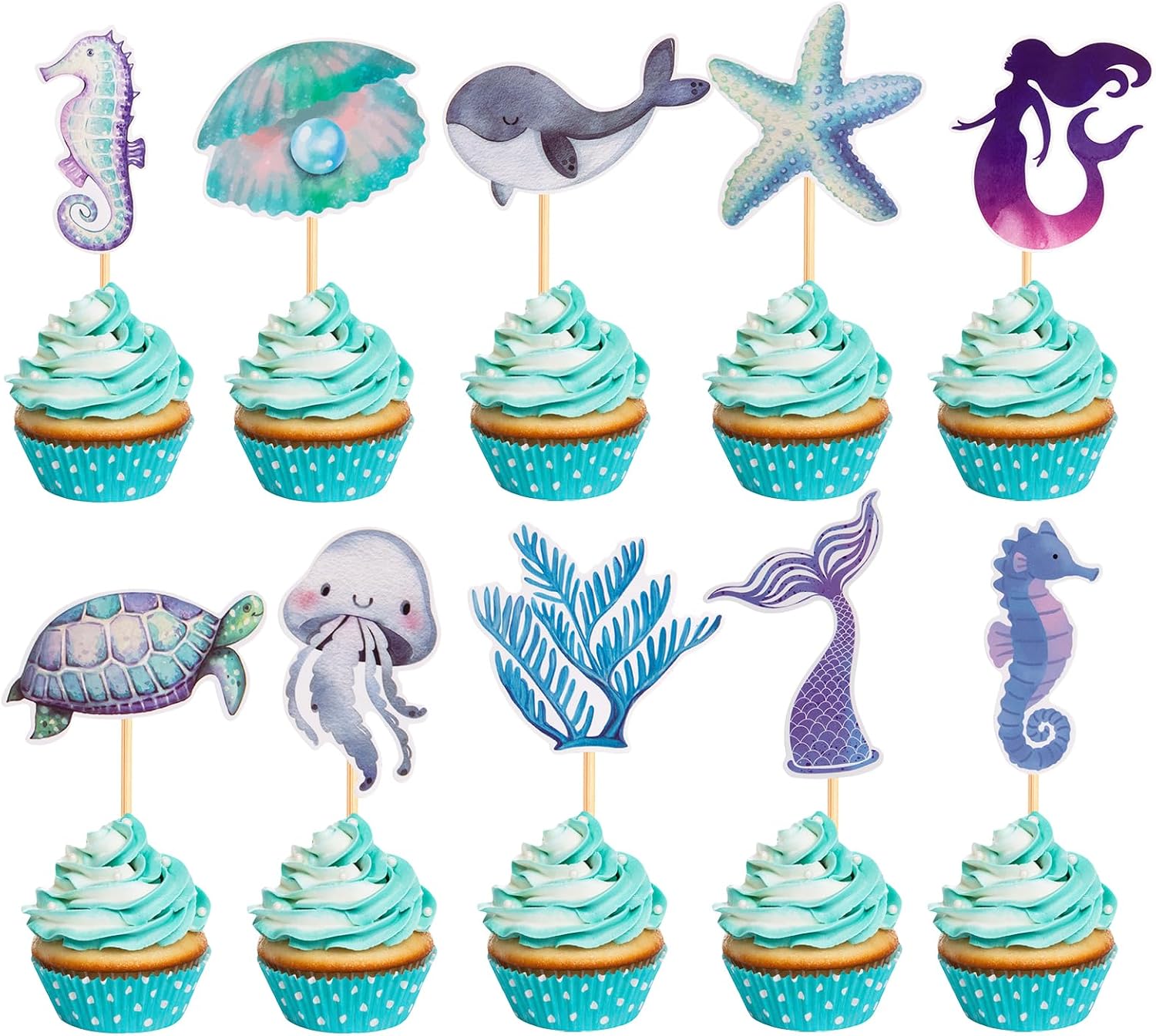 Amazon.com: 60 PCS Mermaid Cupcake Toppers,Starfish Coral Mermaid Tail ...