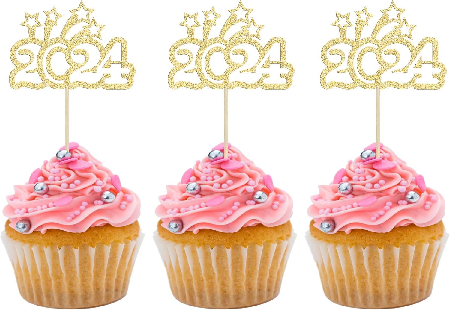 Amazon.com: 24Pcs 2024 Happy New Year Cupcake Topper Gold Glitter Hello ...