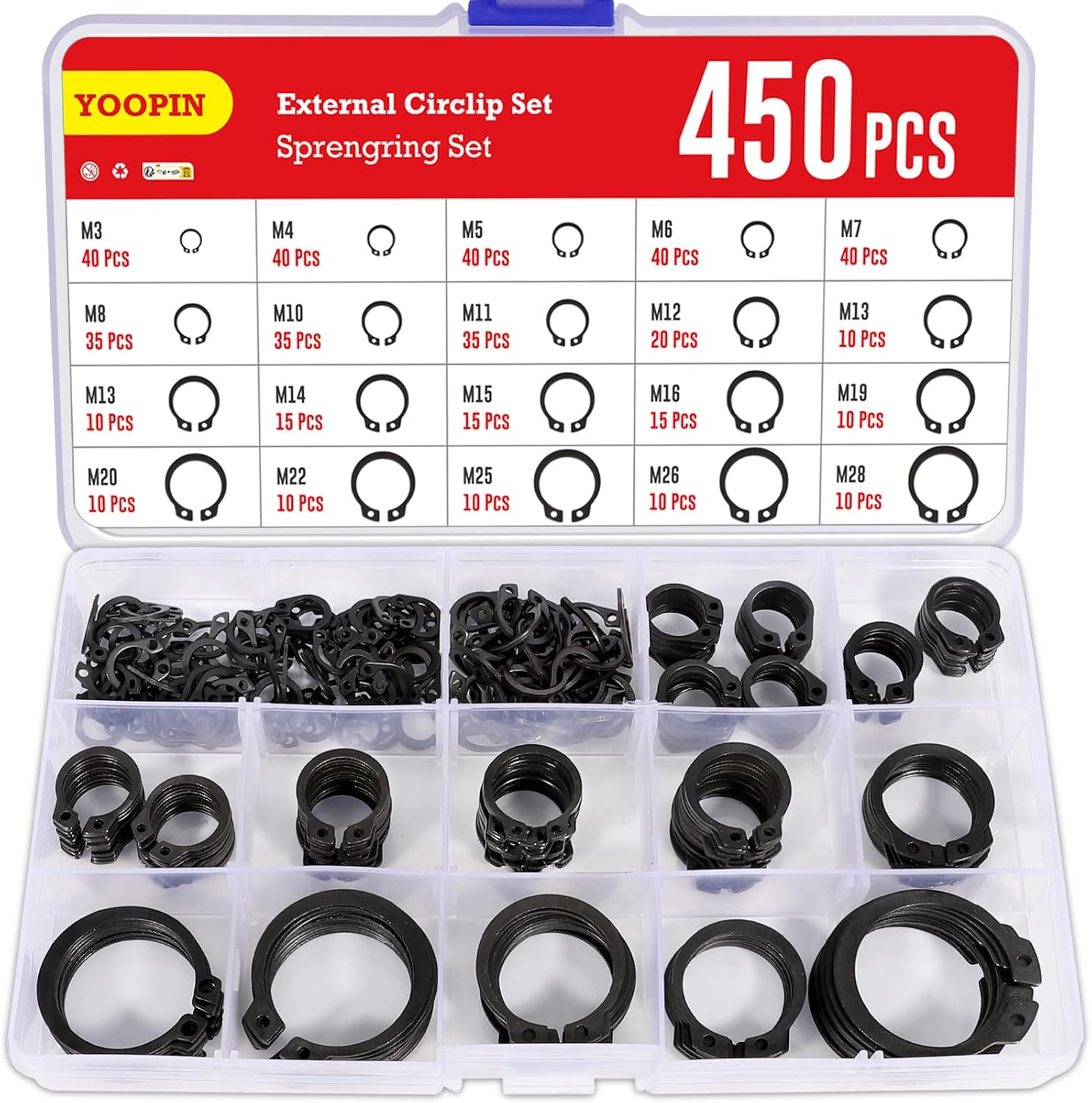 YOOPIN 450 Stück Sprengring Set, Stahl Sicherungsring, (19 Größe) M3 ...