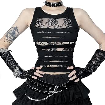 AUBIG Gothic Crop Top for Women Punk Camisole Sleeveless Shirt Lace Alt ...