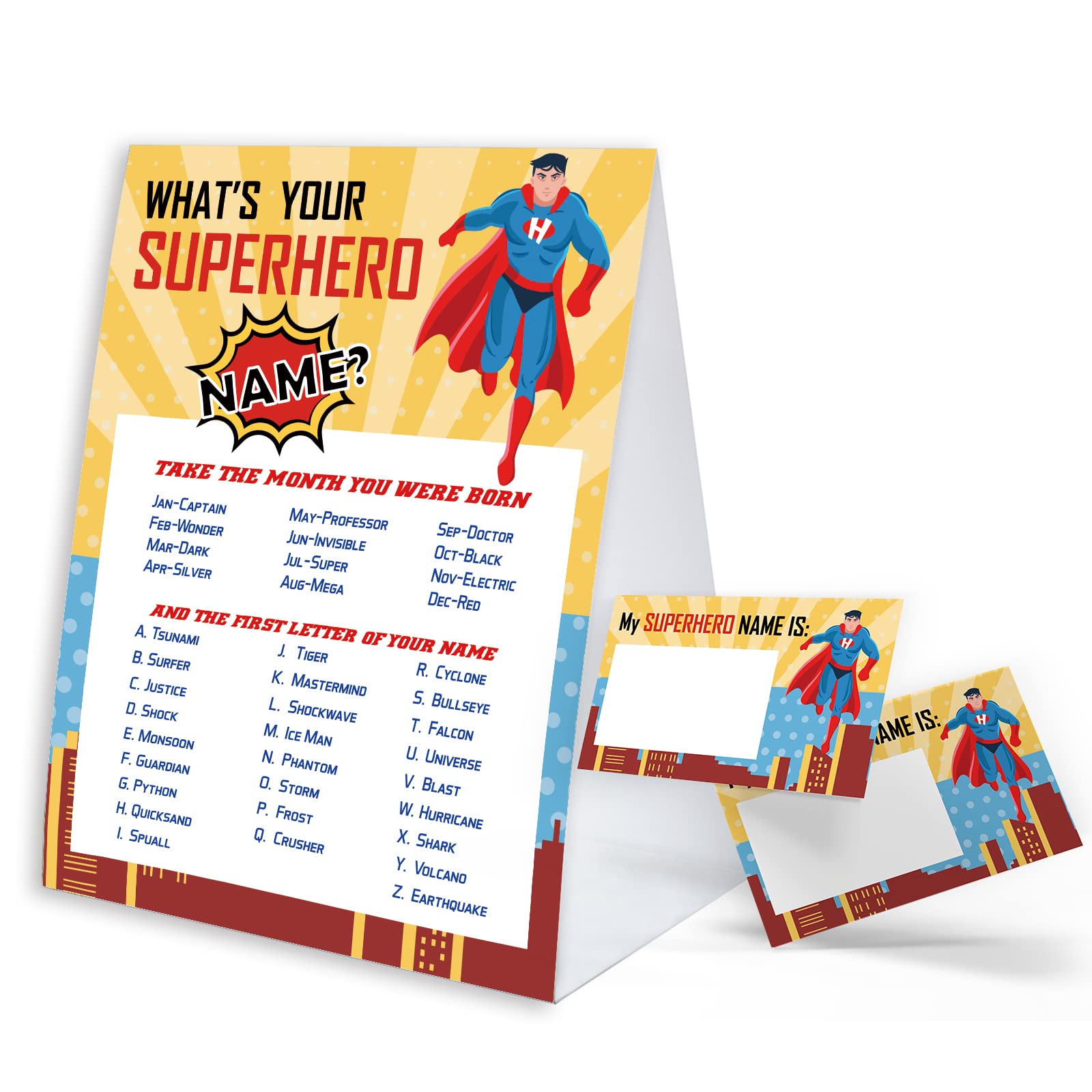 Amazon.com: What's Your Superhero Name Game Sign with Name Tag Stickers ...