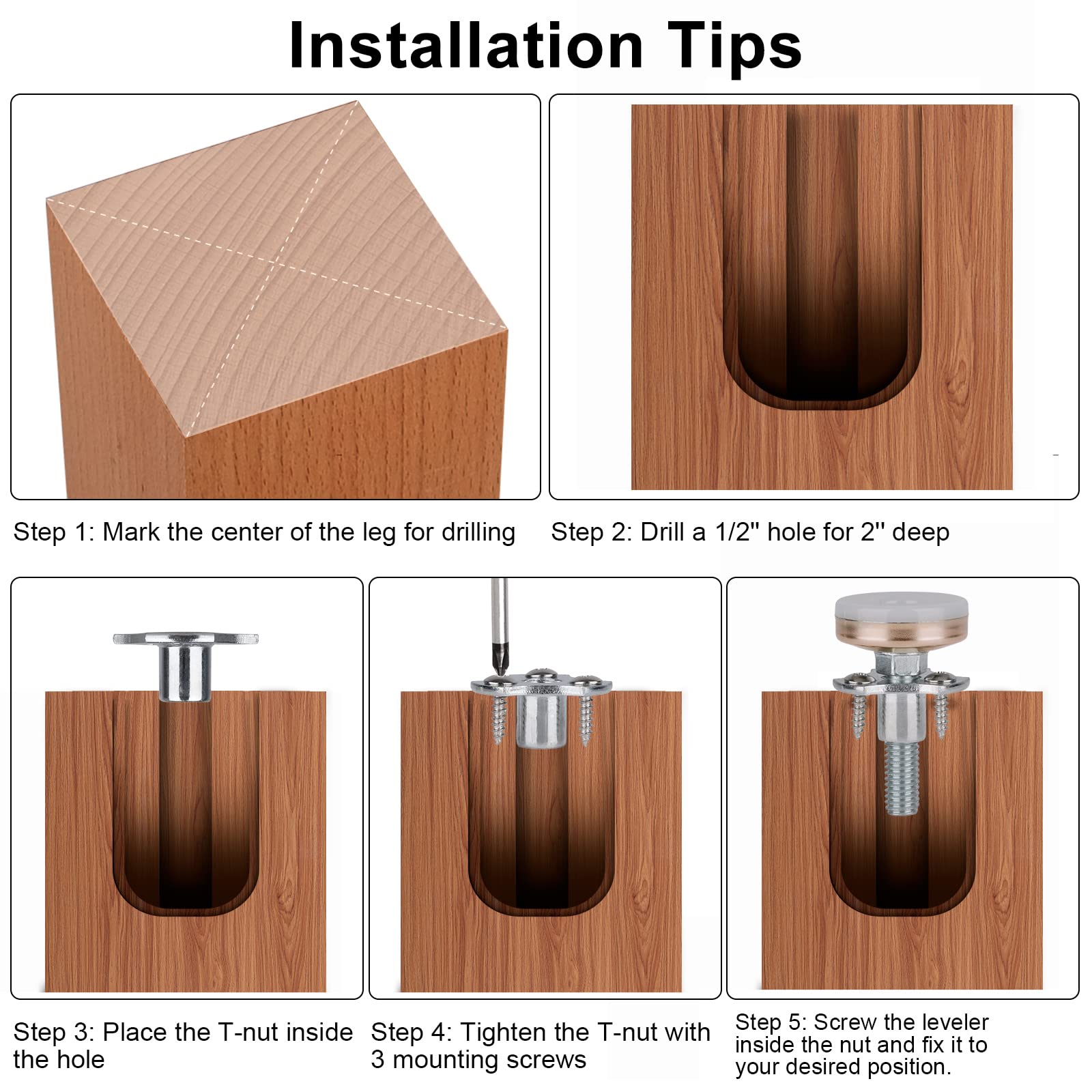 Snapklik.com : Heavy Duty Furniture Levelers 3/8-16 Thread W/ T-Nut Kit ...