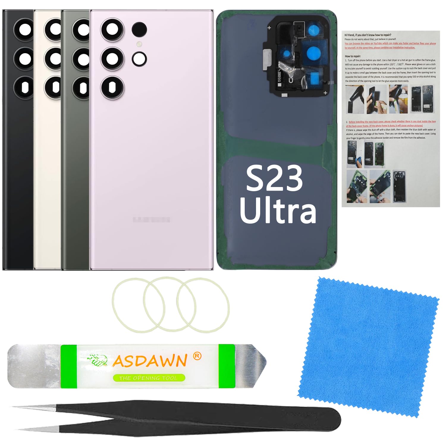 Amazon.com: Galaxy S23 Ultra Back Glass Cover Housing Door Replacement ...