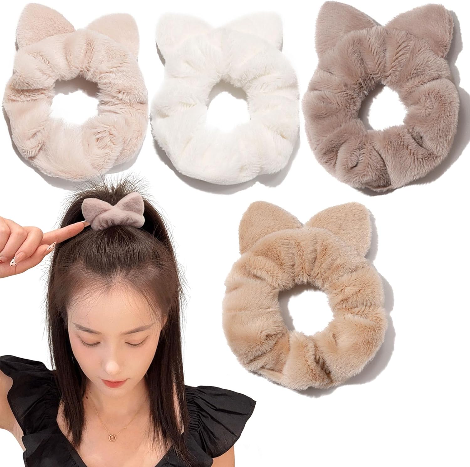 Amazon | shefun ベロア シュシュ モコモコ ふわふわ 髪飾り 大人 ファー ヘアゴム 猫耳 4本セット 秋冬 レディース ヘアアクセ ベルベットシュシュ 可愛い 大きめ ...