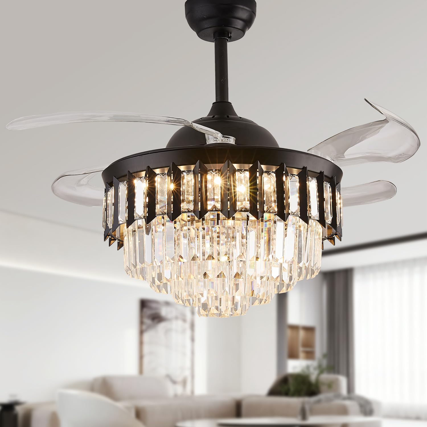 TRSIOPFC 42 Inch Dimmable Chandelier Ceiling Fans, Crystal Fandelier ...