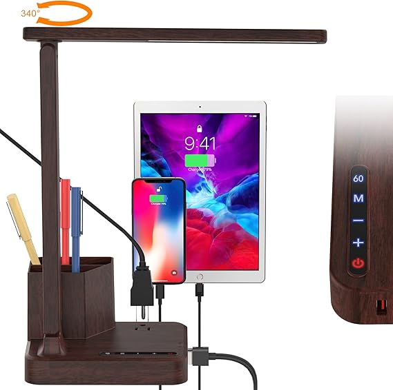 COZOO LED Desk Lamp with 2 USB Charging Ports,1 AC Outlet,2 Pen Holders ...