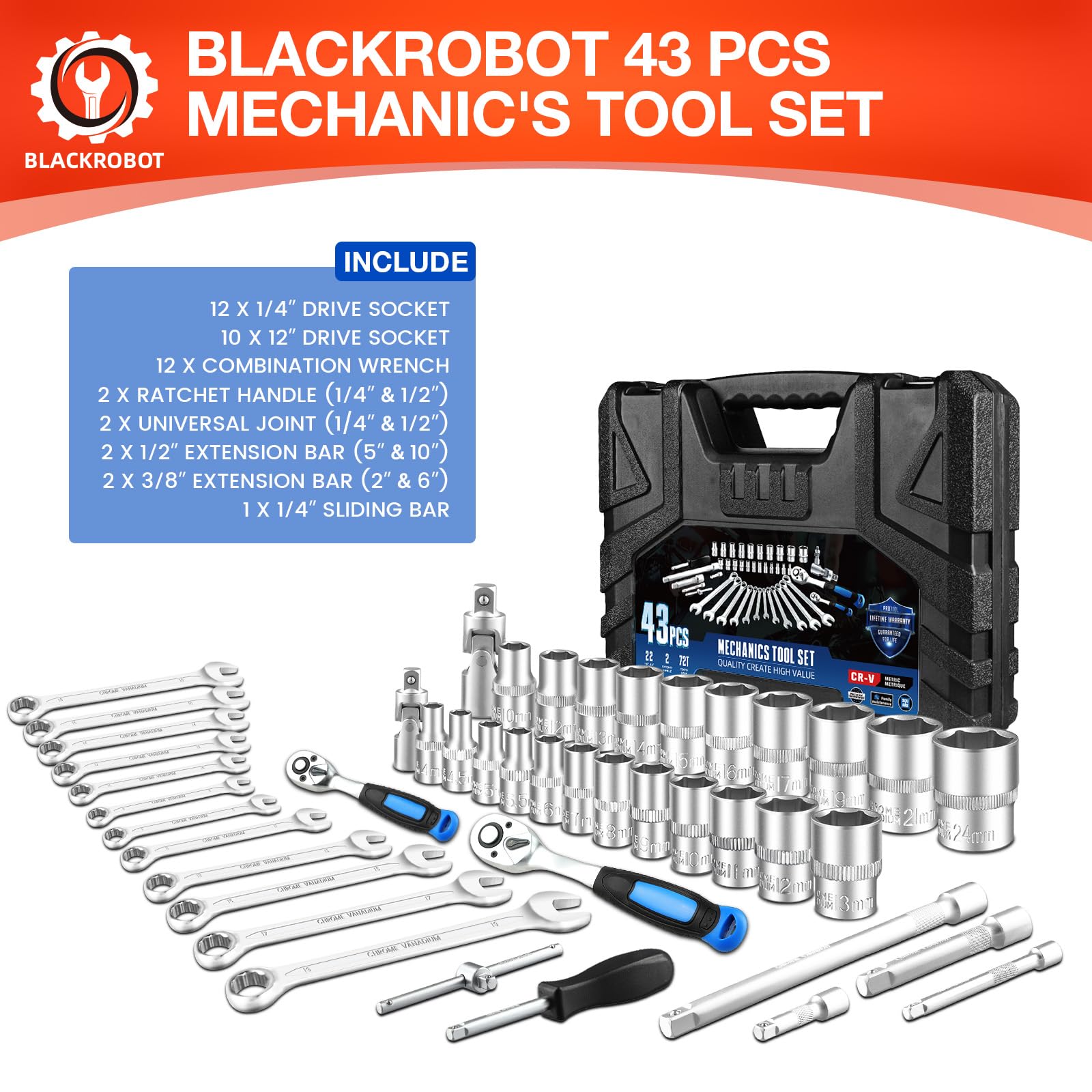 Snapklik.com : 43Pcs Mechanics Tool Set, 1/4" & 1/2" Drive Socket Set ...