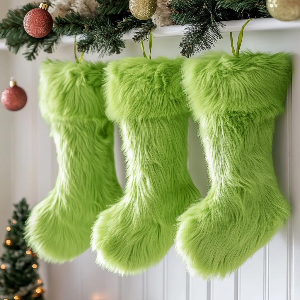 Amazon.com: AOGU 3 Pack 18 Inch Green Christmas Stockings Faux Fur Xmas ...
