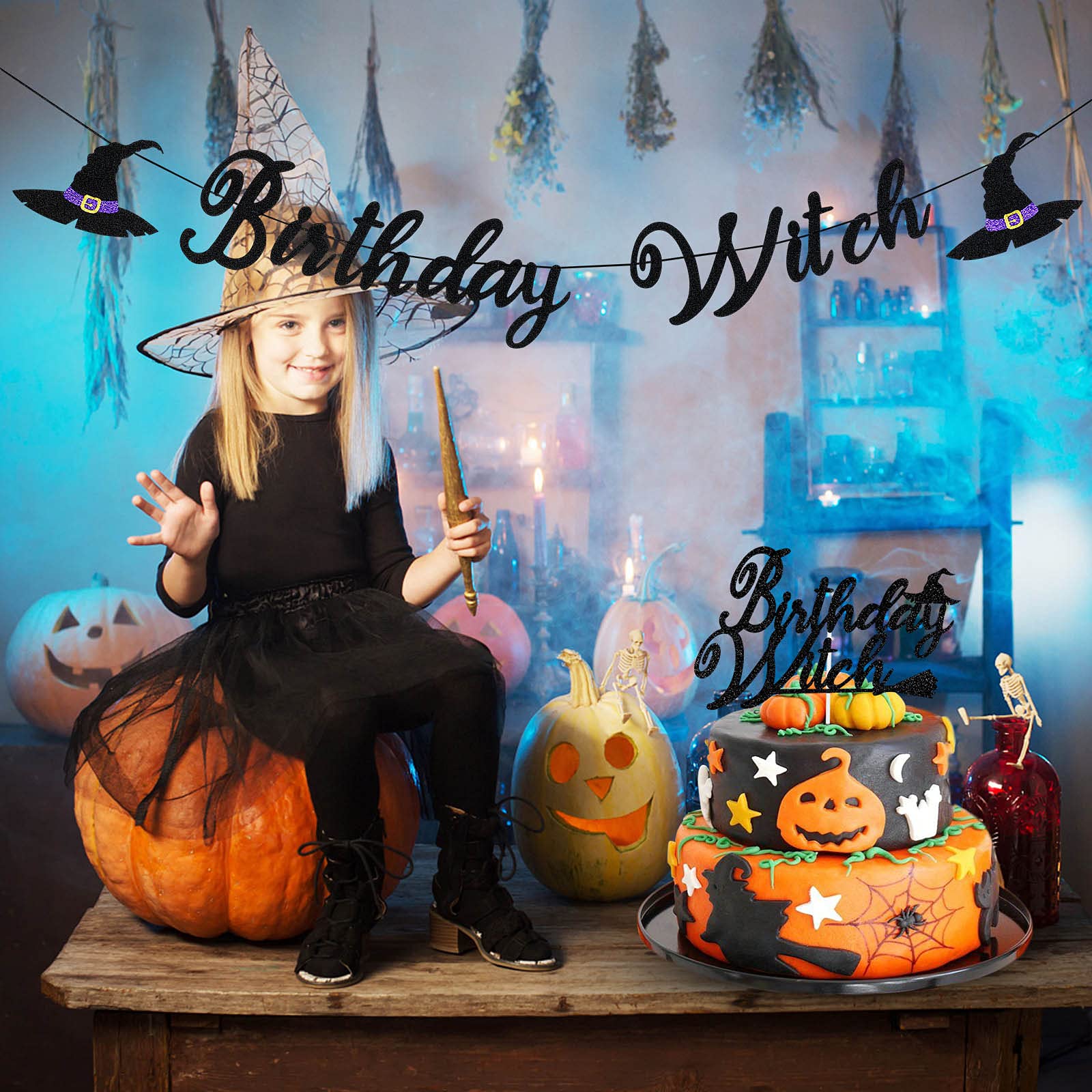 Buy Black Glitter Birthday Witch Banner and Black Glitter Birthday ...
