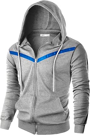 Ohoo Mens Slim Fit Long Sleeve Lightweight V-Shape Zip-up Hoodie with ...