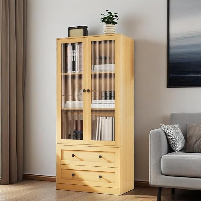 Amazon.com: VOWNER Bookcase with Ripple Glass Doors, 3-Tier Bookshelves ...