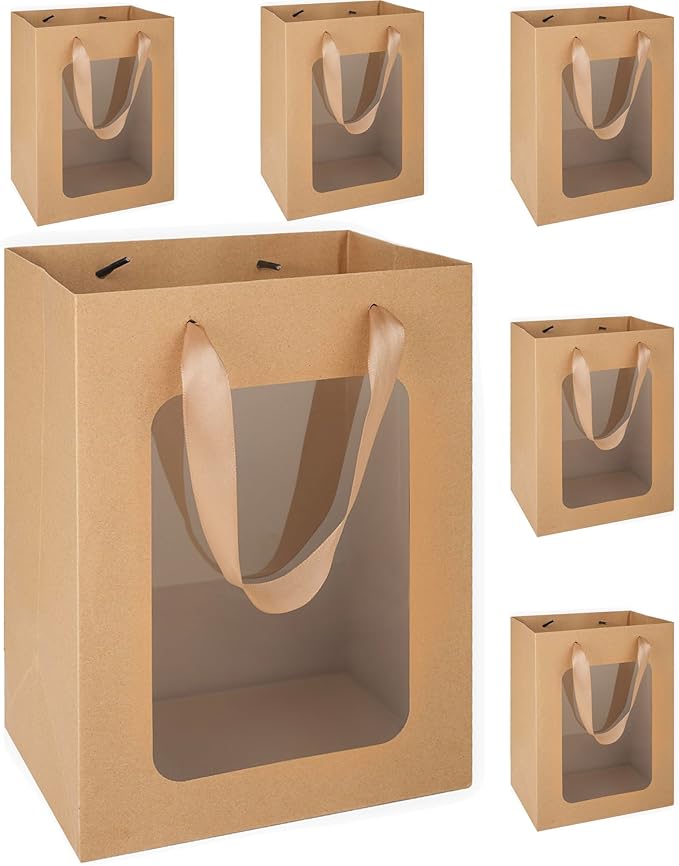 Amazon.com: MOXARYSU 6 Pcs Brown Gift Bags with Clear Window: 9.8x5.1x7 ...