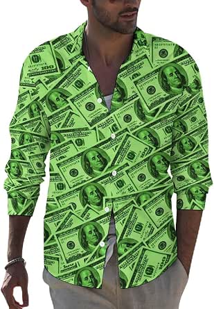 Amazon.com: FLONTY Green 100 Dollar Bill Shirts for Men Button Down ...