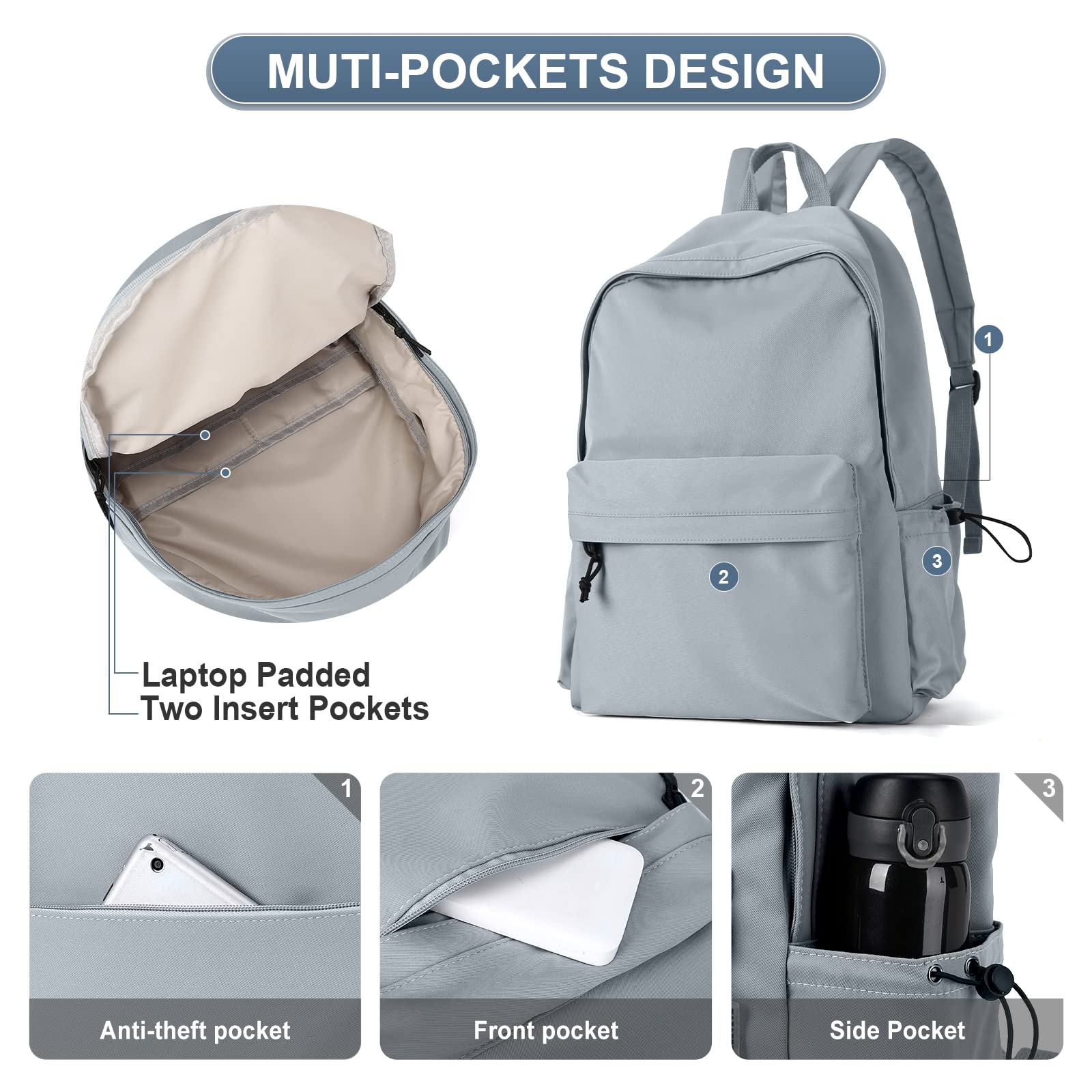 PAUBACK Blue School Backpack for Girls Water Resistant High School Book ...