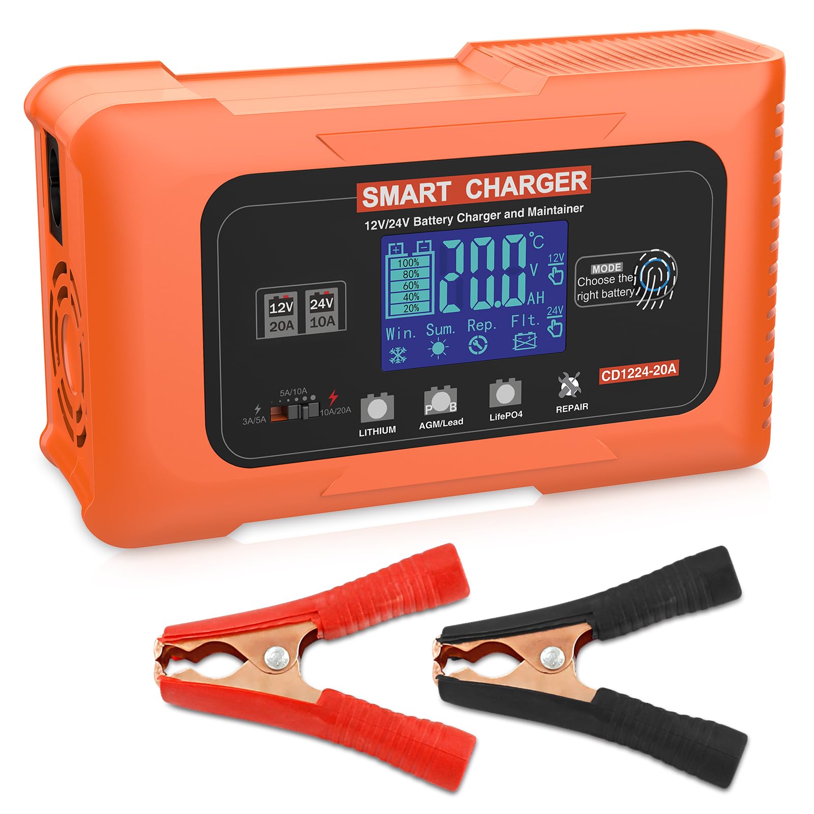 Amazon.com: Aoteda 20A Smart Car Battery Charger, 12V 24V Lithium ...