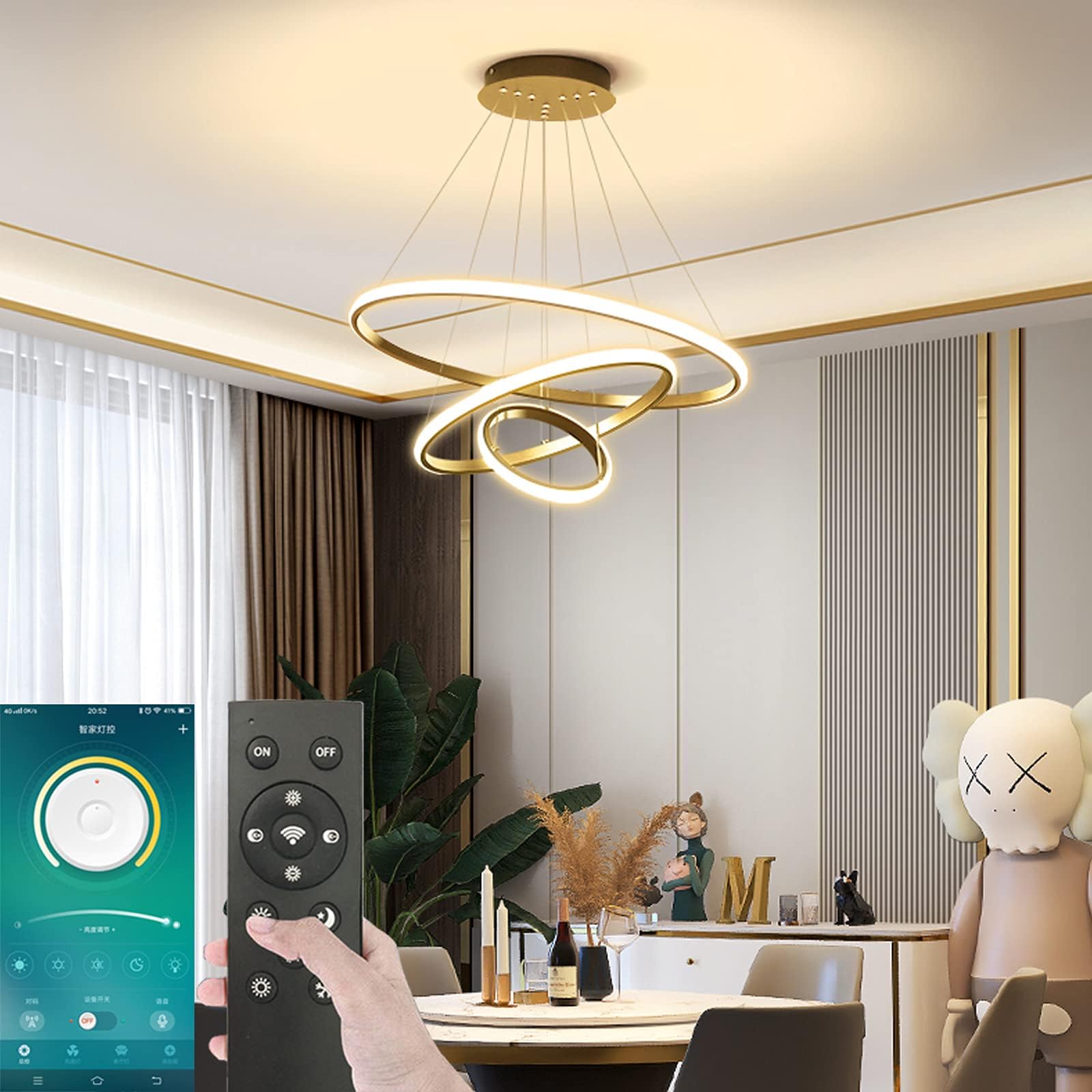 BVTECH Smart Modern LED Pendant Light, 3 Rings Chandeliers Dimmable ...