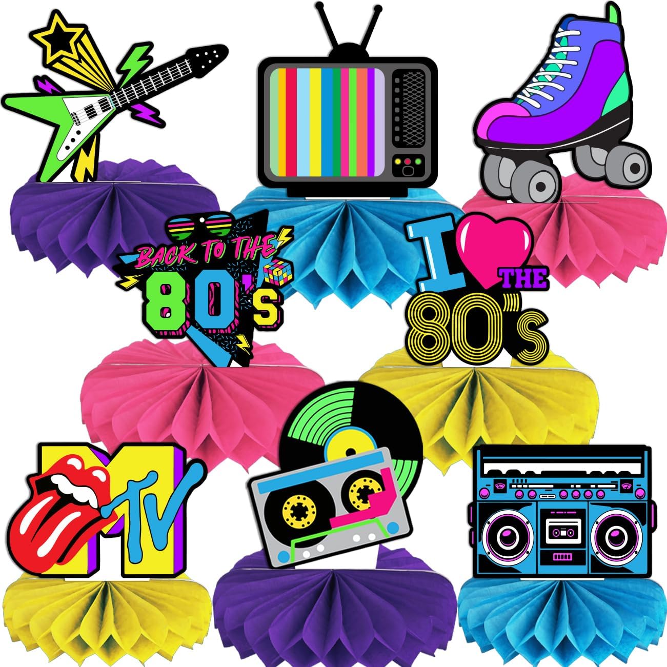 Amazon.com: 8 Pieces 80s Party Decorations Honeycomb Centerpieces 1980s ...