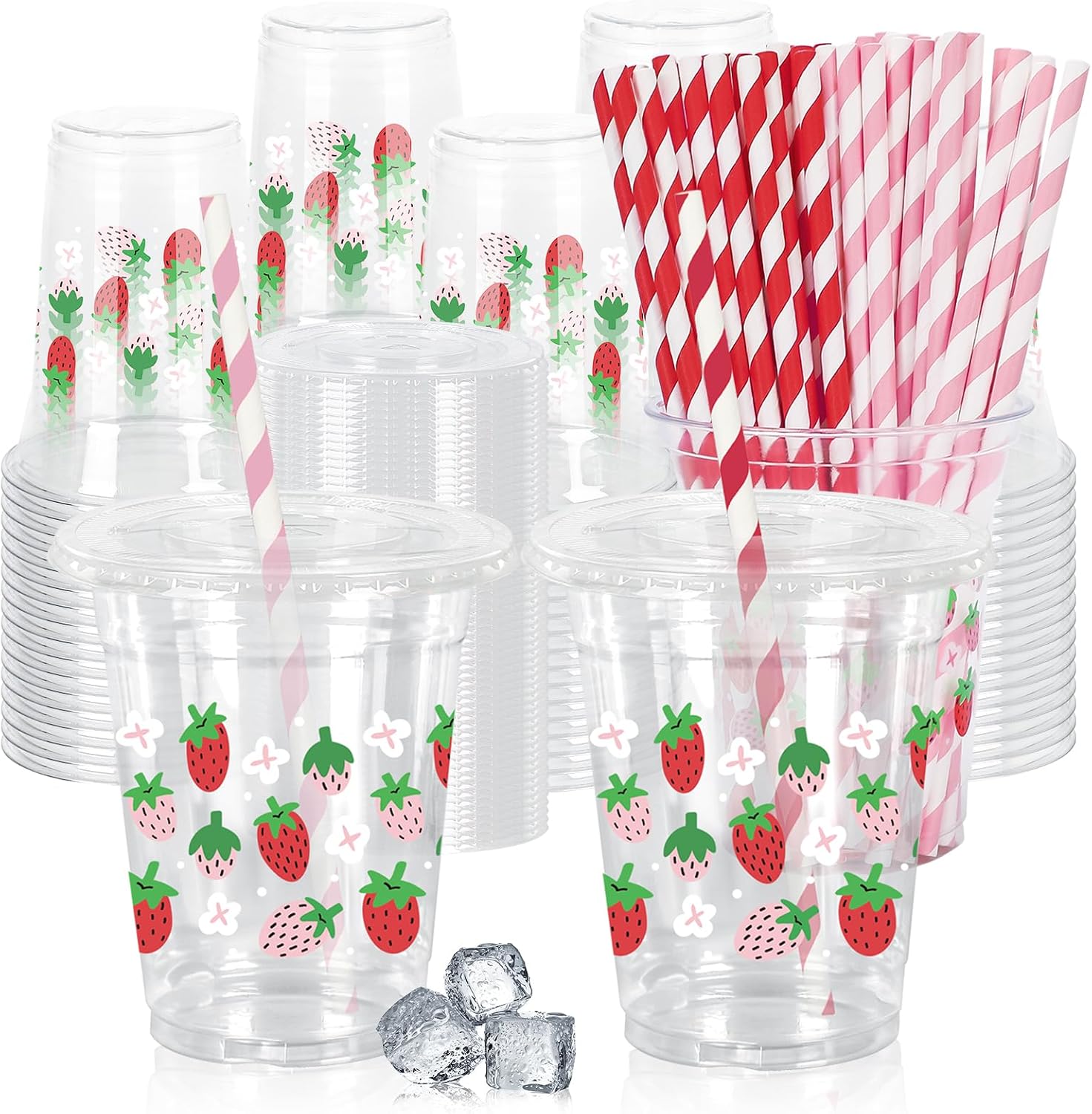 Amazon.com: FYSUIMU 50Pcs 12Oz Strawberry Floral Plastic Cups with Lids ...