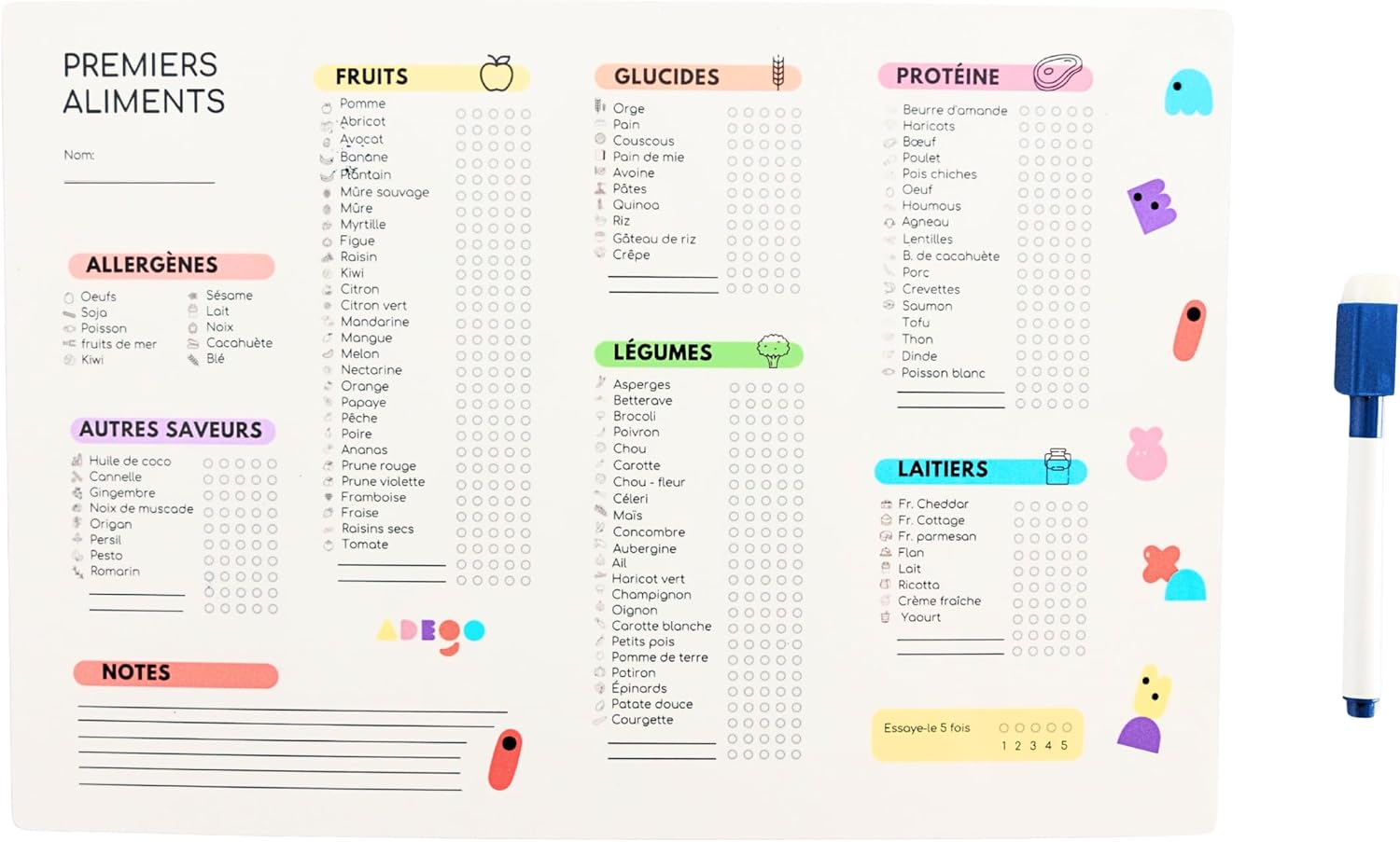 ADEGO Tableau Magnétique Diversification Alimentaire Bébé A4 — Suivi ...