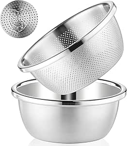 POPGRADE 304 Stainless Steel Colander with Bowl, 5-Qt Large Rice ...