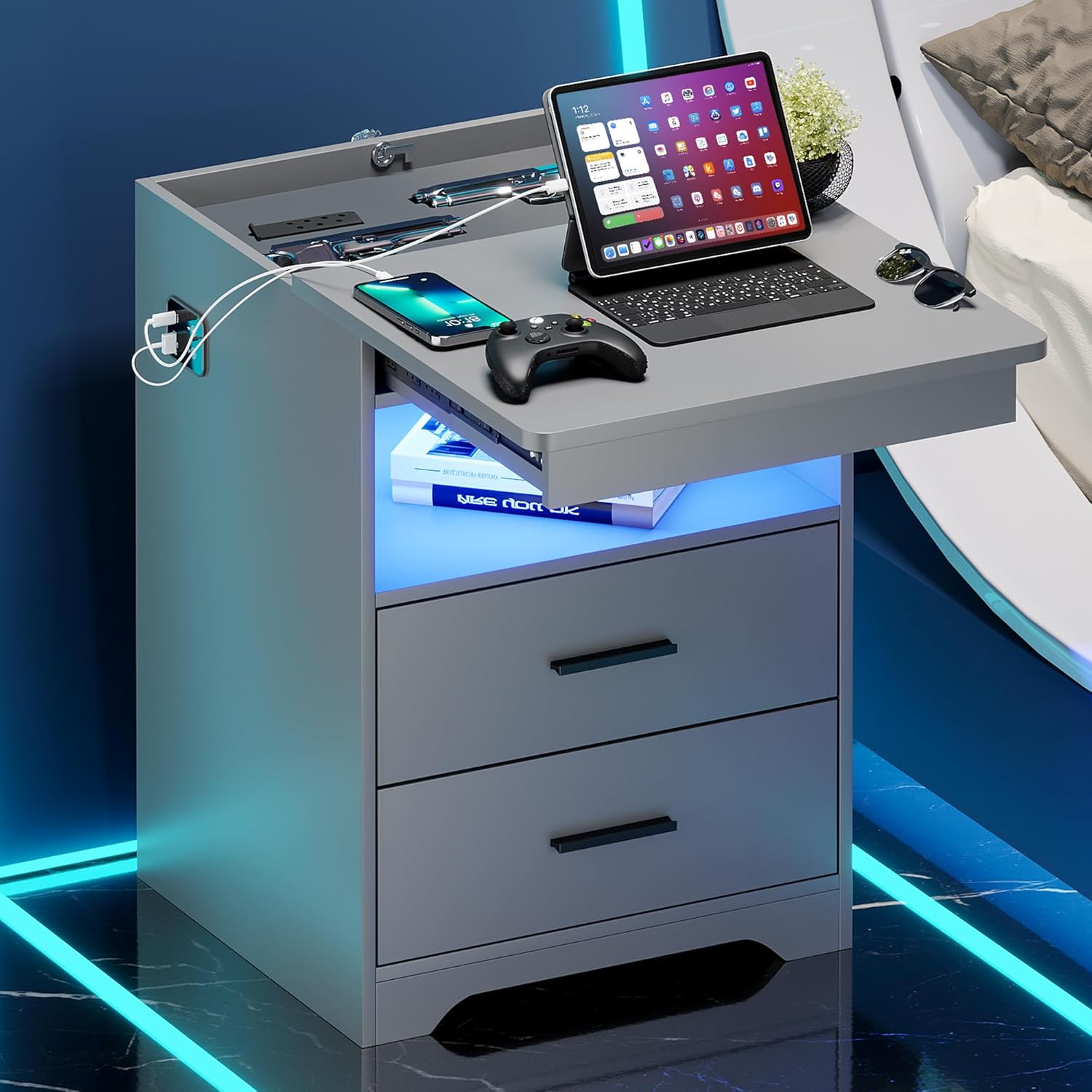 Amazon.com: MDGC Nightstand with Lockable Gun Drawer,3 Color Dimmable ...