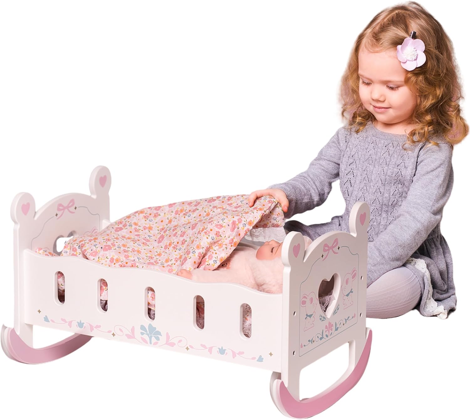Amazon.com: ROBOTIME Baby Doll Crib, Wooden Doll Cradle with Pink Pad ...