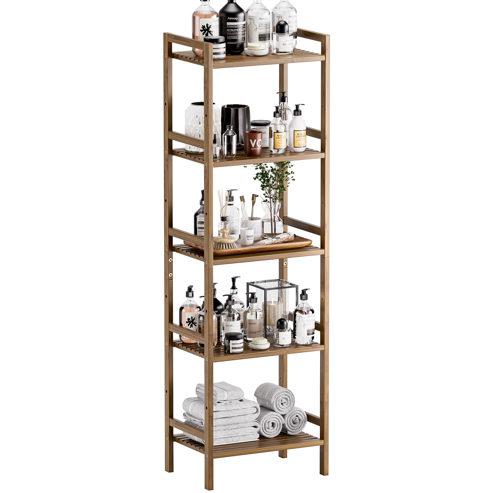 HITNET Bamboo Book Shelf, Tall Narrow Bookcase, Bathroom Shelving Unit 5 Tier Floor Standing ...