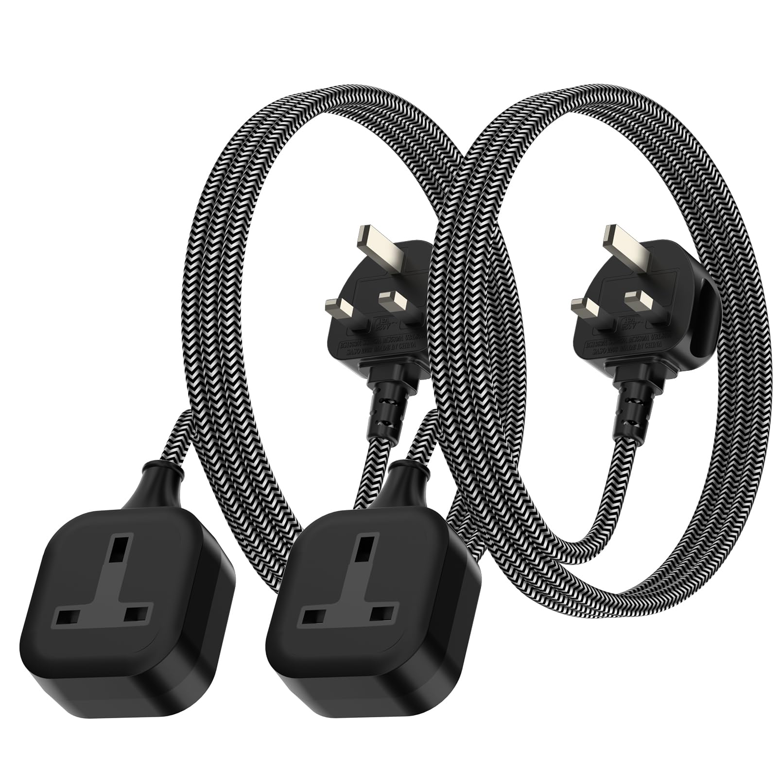 1 Gang Extension Lead 2 Meters, Pack of 2, Single Plug Socket 13A 250V ...