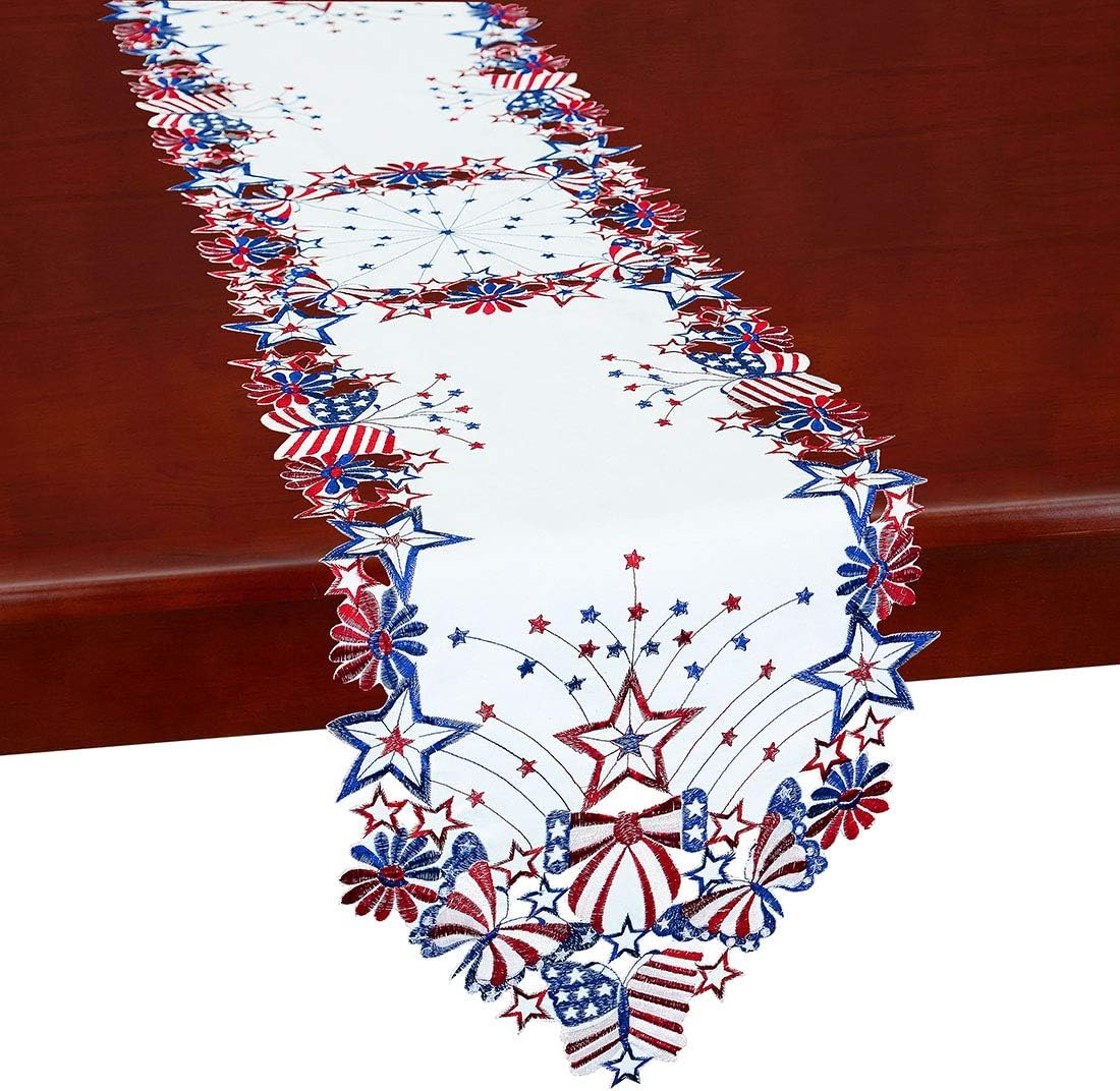 Amazon.com: Americana July 4th Celebration Fabric Cutwork Table Runner ...