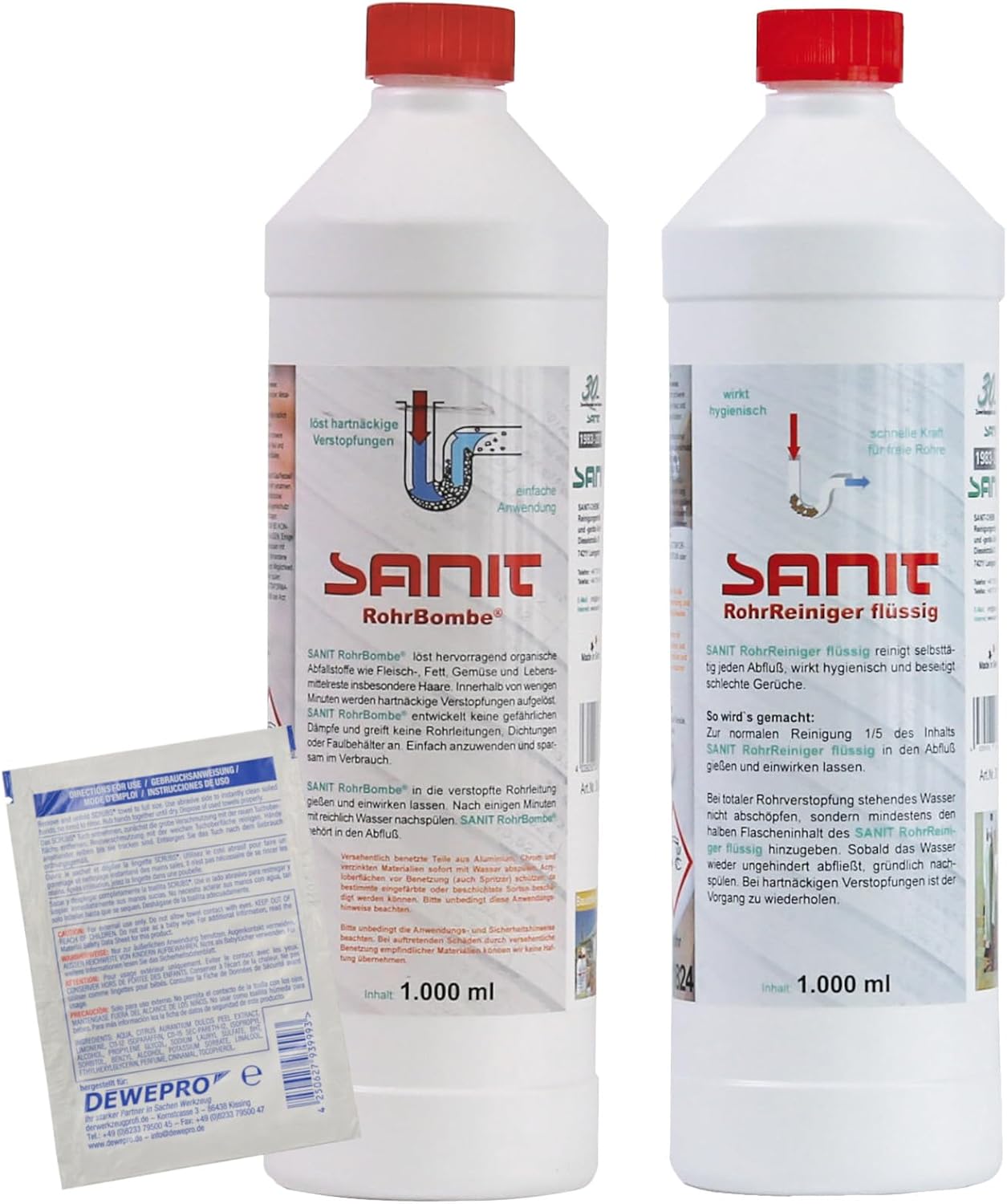 DEWEPRO-Set: SANIT RohrBombe und SANIT Rohrreiniger flüssig - je 1000ml ...