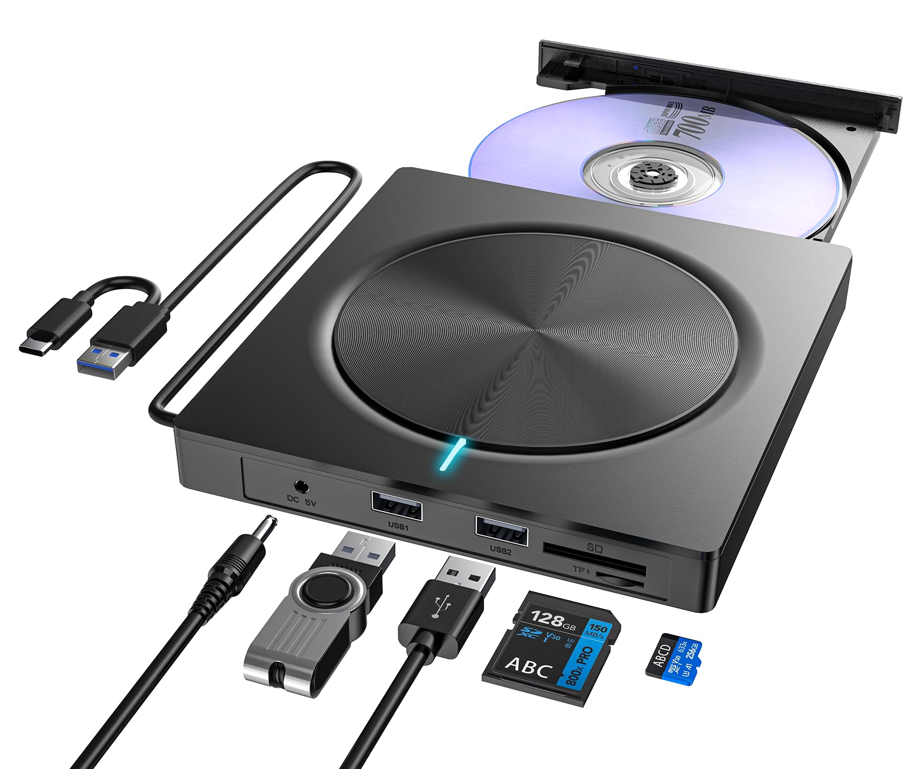 Externes CD DVD Laufwerk USB 3.0 Typ-C, DVD Laufwerk Extern mit SD/TF ...