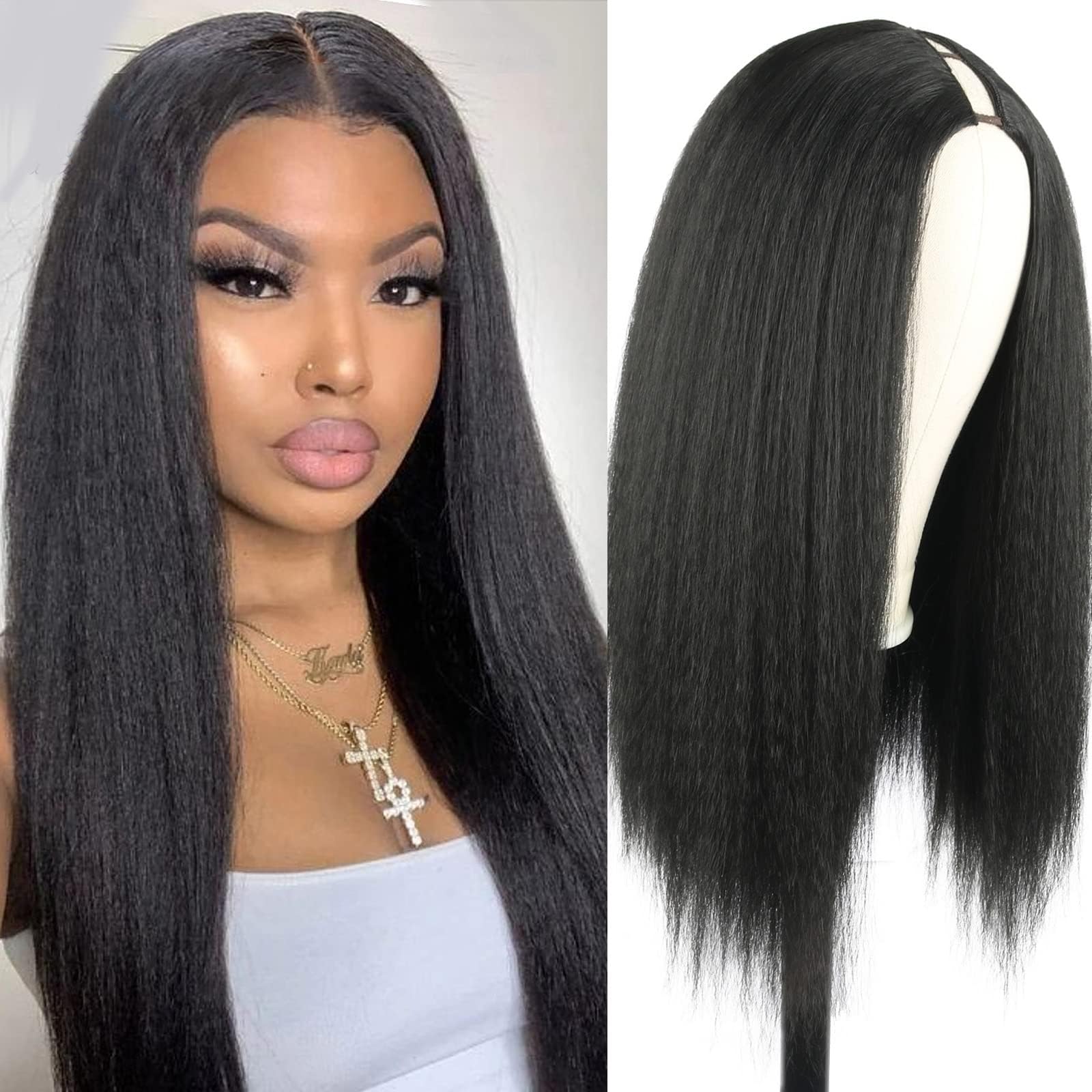 Amazon.com : SCENTW Kinky Straight V Part Wig Synthetic Hair wigs for ...
