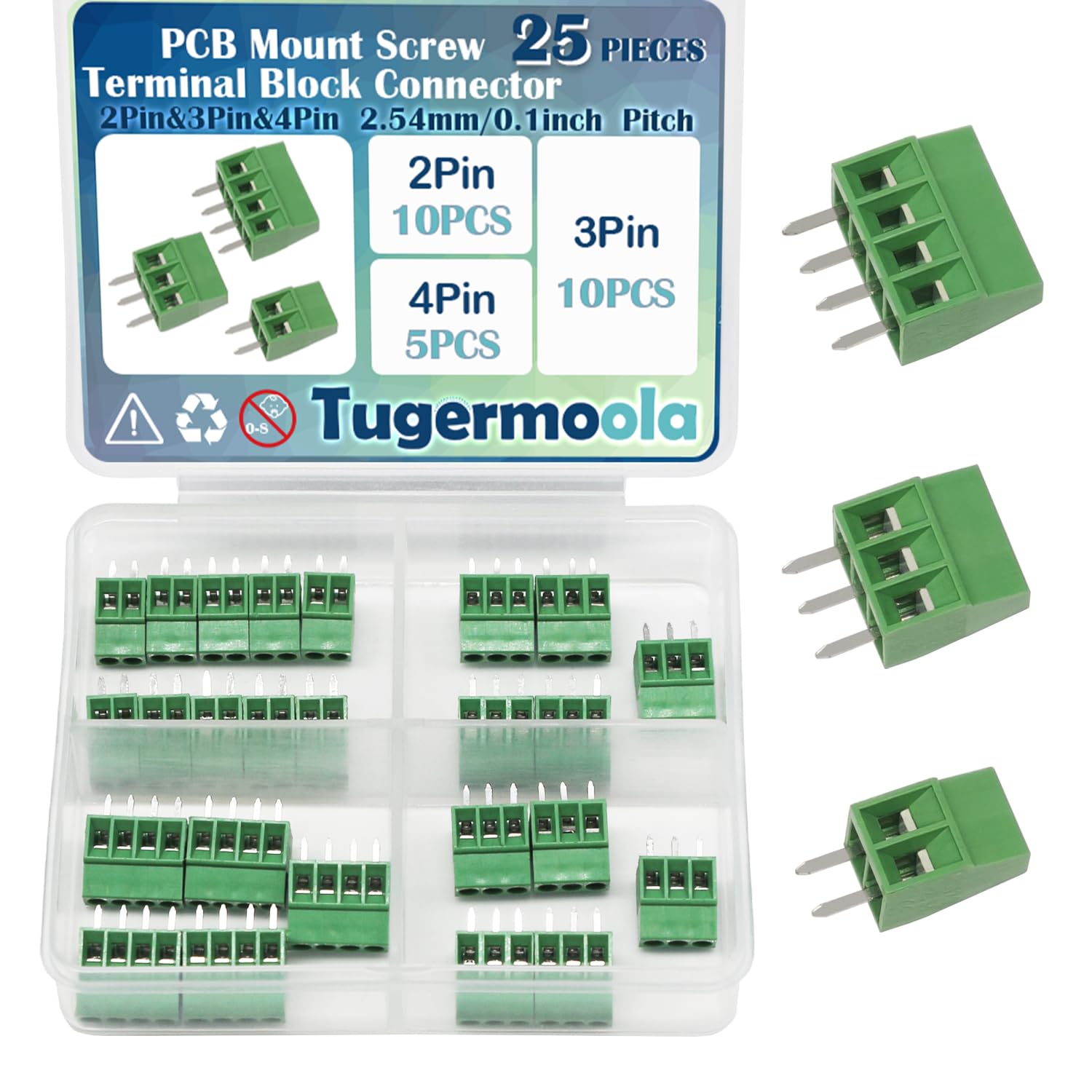 Tugermoola 25PCS 2.54mm/0.1inch Pitch PCB Mount Screw Terminal Block ...
