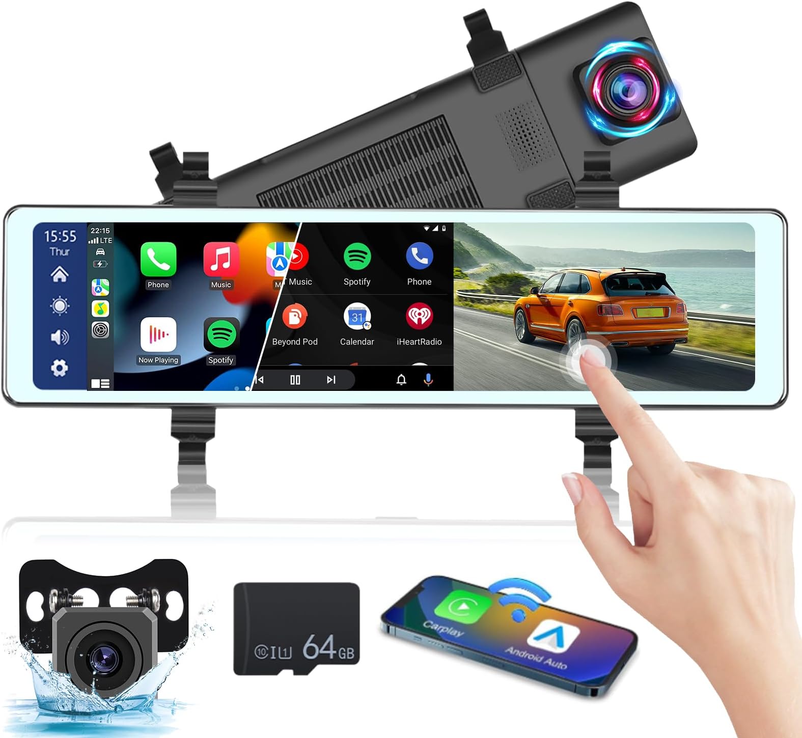 Amazon.com: NHOPEEW 11.26 inch Rear View Mirror Camera with Carplay and ...