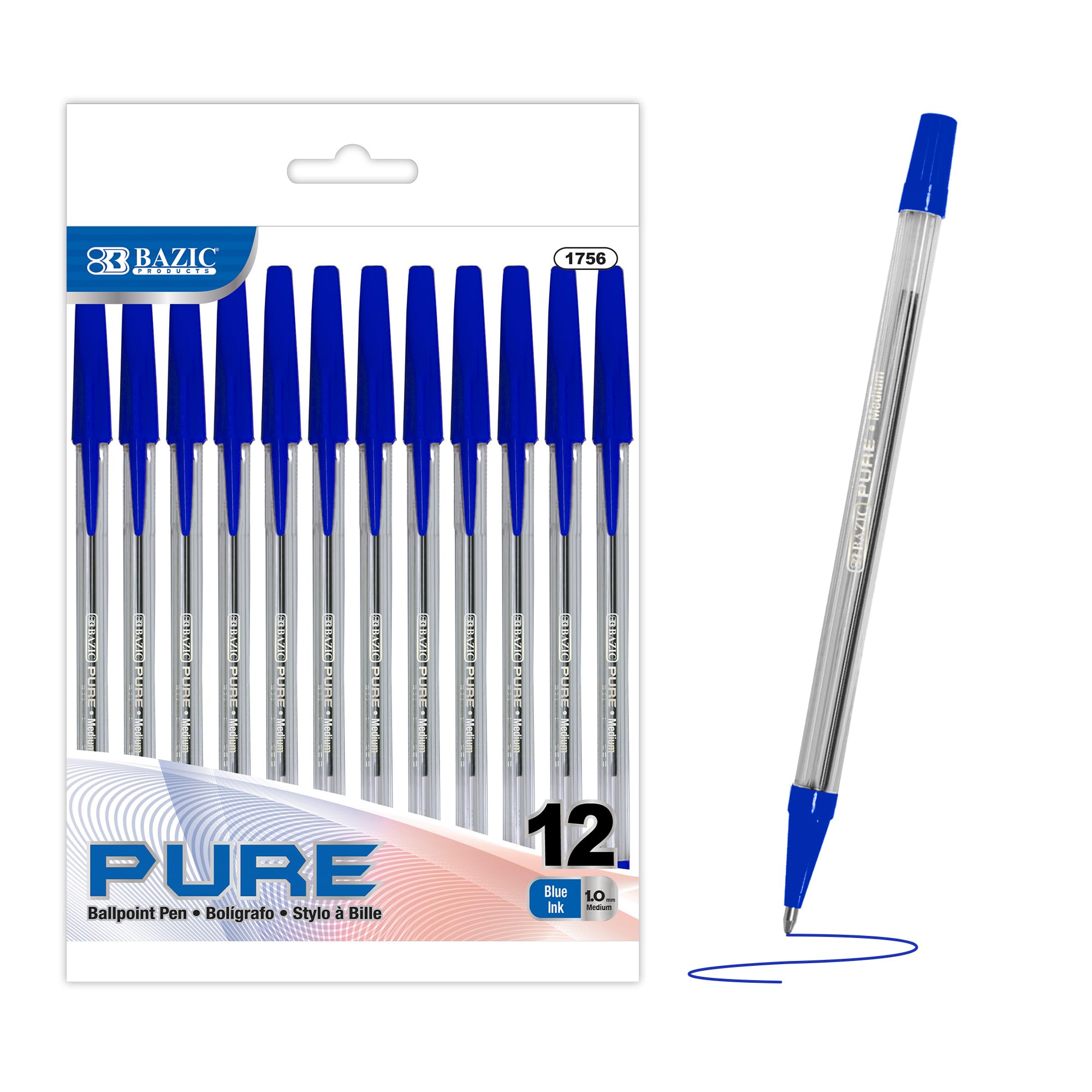 Amazon.com: BAZIC Ballpoint Pen Pure Blue Color Stick Pens, 1.0 mm Bold ...