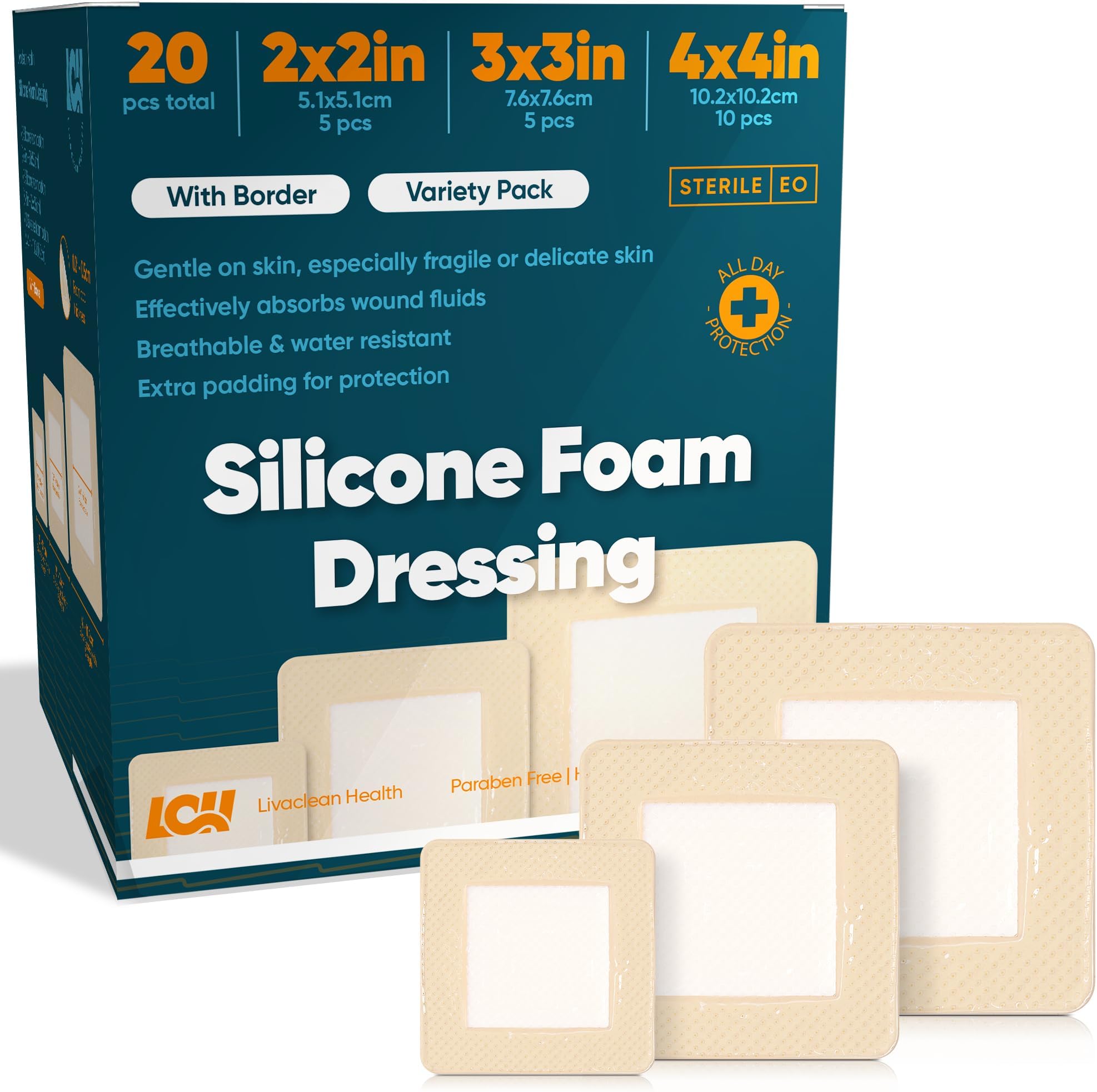 Amazon.com: 20 CT Silicone Foam Dressing 4x4, 3x3, 2x2 - Sterile ...