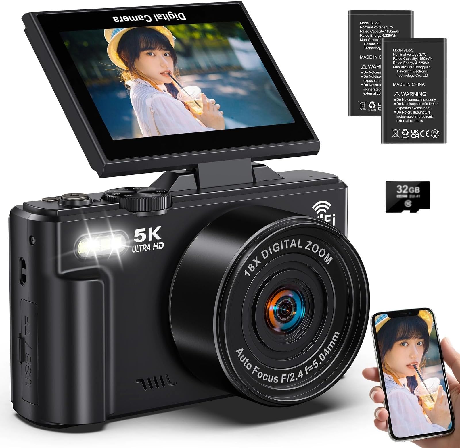 Amazon | デジカメ 5K デジタルカメラ 5K録画 7500万画素 Wi-Fi機能 18倍デジタルズーム 180度回転可能ディスプレイ ...